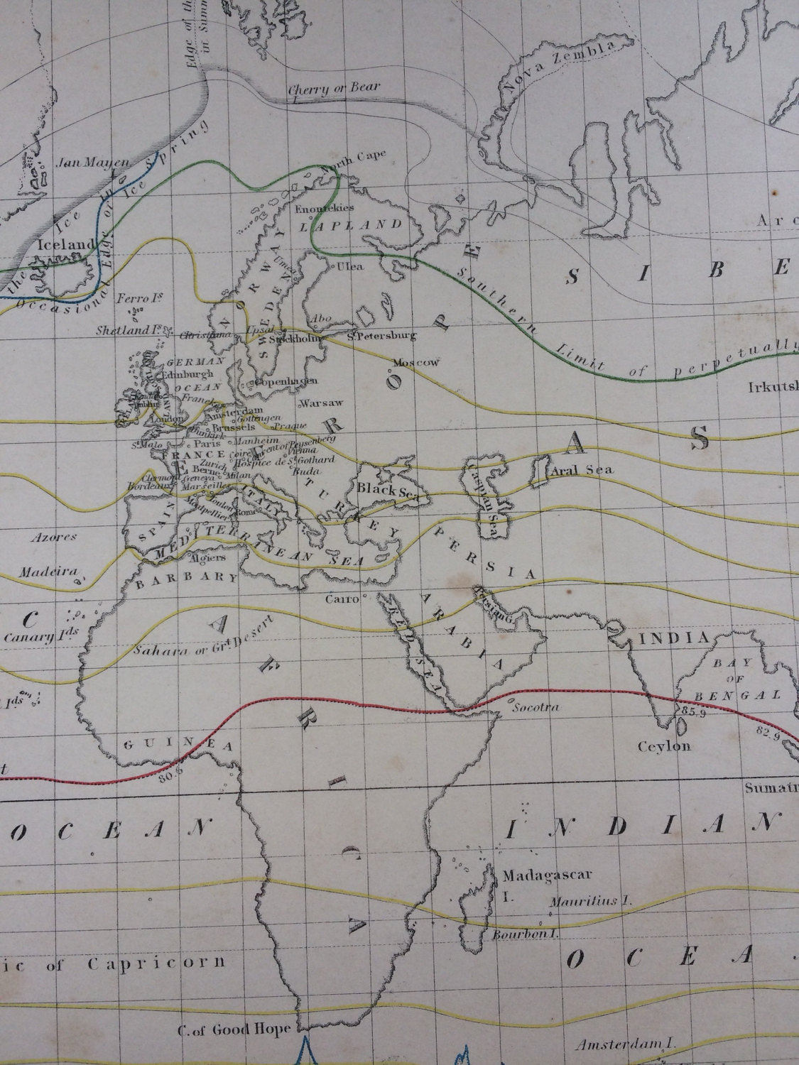 1859 large rare original antique A & C Black Map - Chart of Isothermal ...