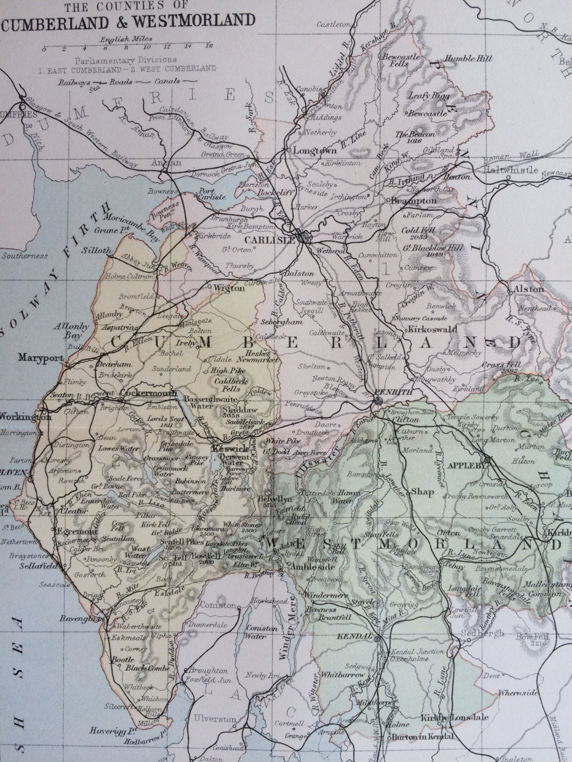 1882 Cumberland and Westmorland Original Antique Map - Mounted and ...