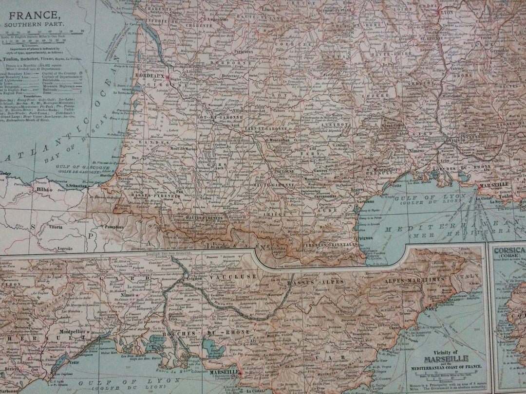 1903 South of France Original Large Antique Map With Inset Maps of the ...
