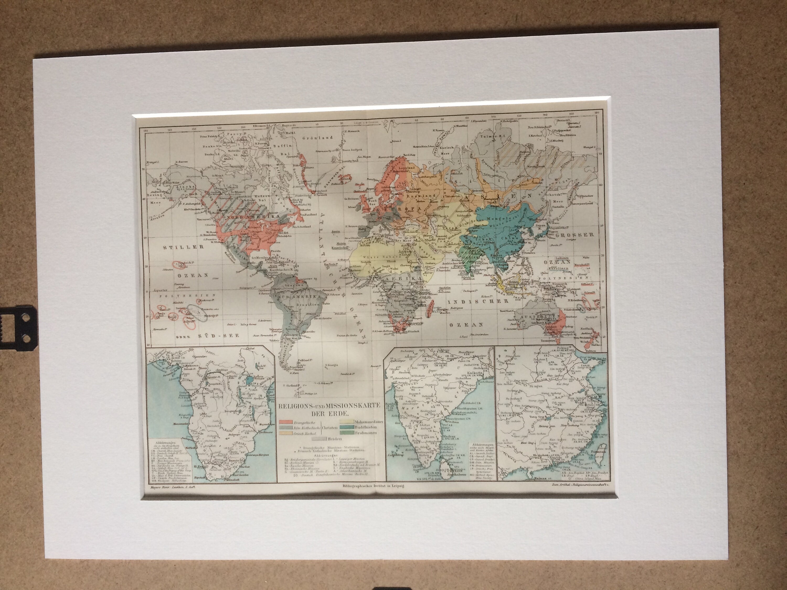 1896 Religions and Missions Original Antique World Map with inset maps ...