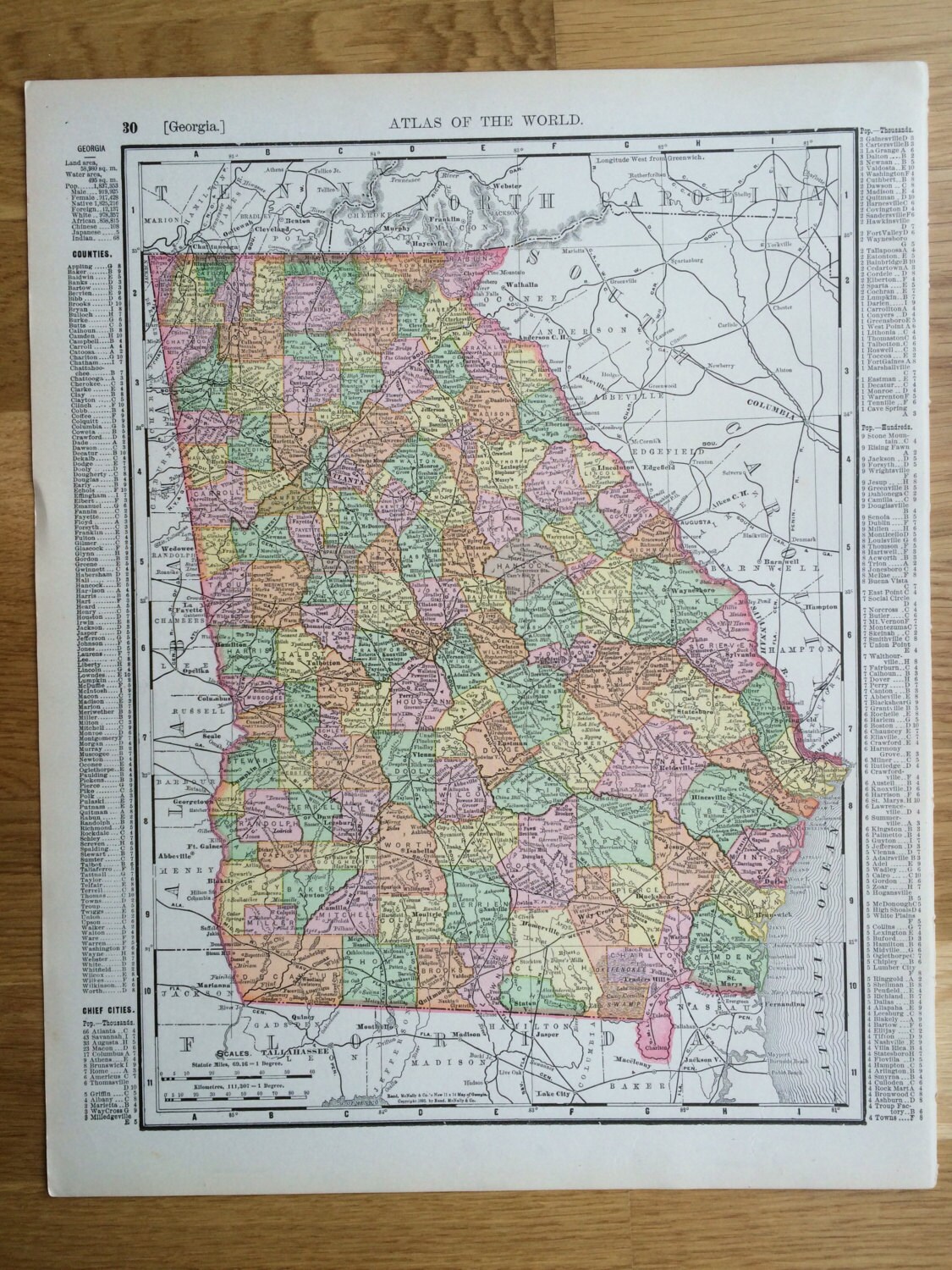 1898 GEORGIA Original Antique Map, 11 x 14 inches, Rand McNally, Home ...