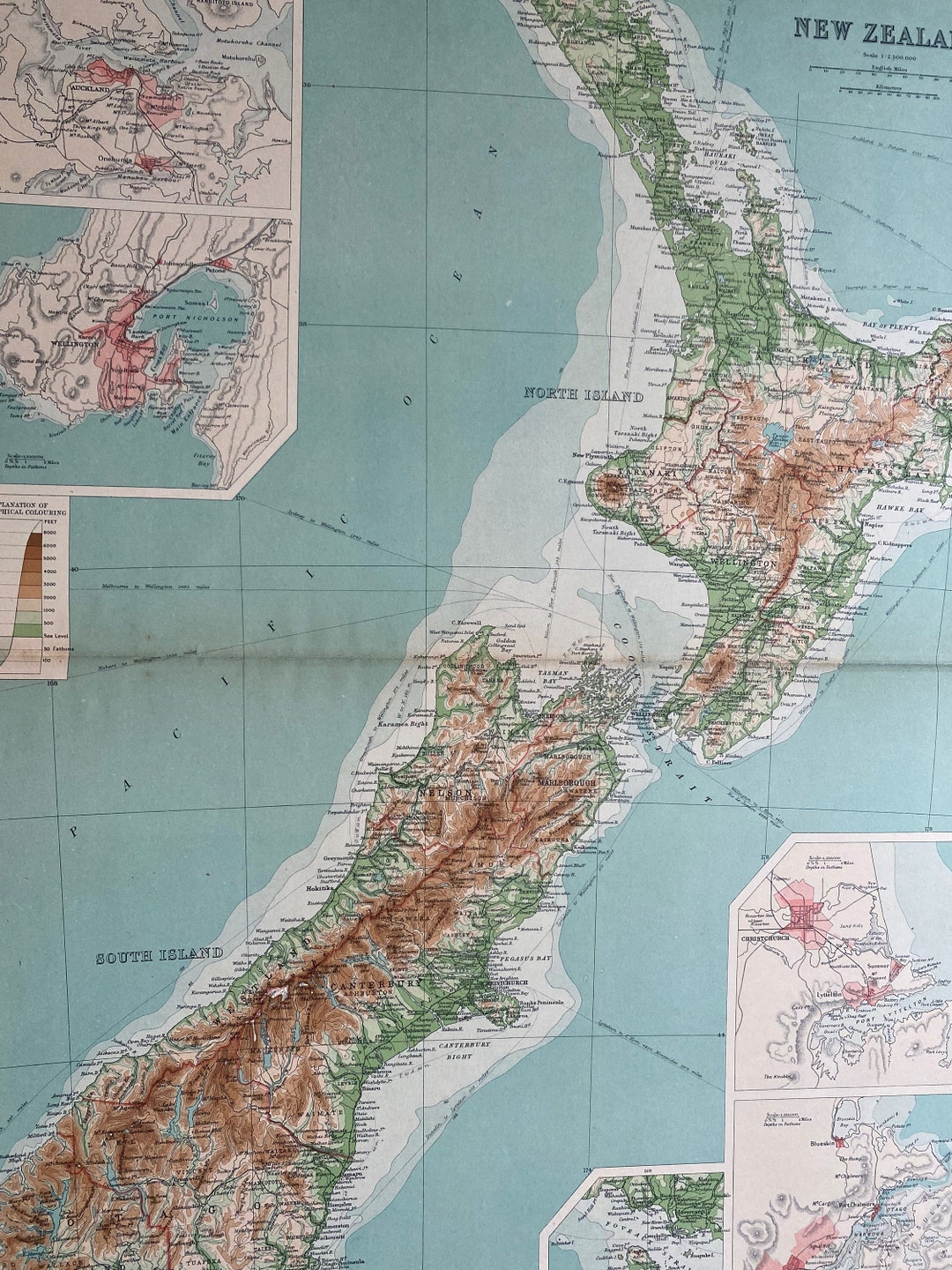 1922 NEW ZEALAND Large Original Antique Times Atlas Physical Map With ...