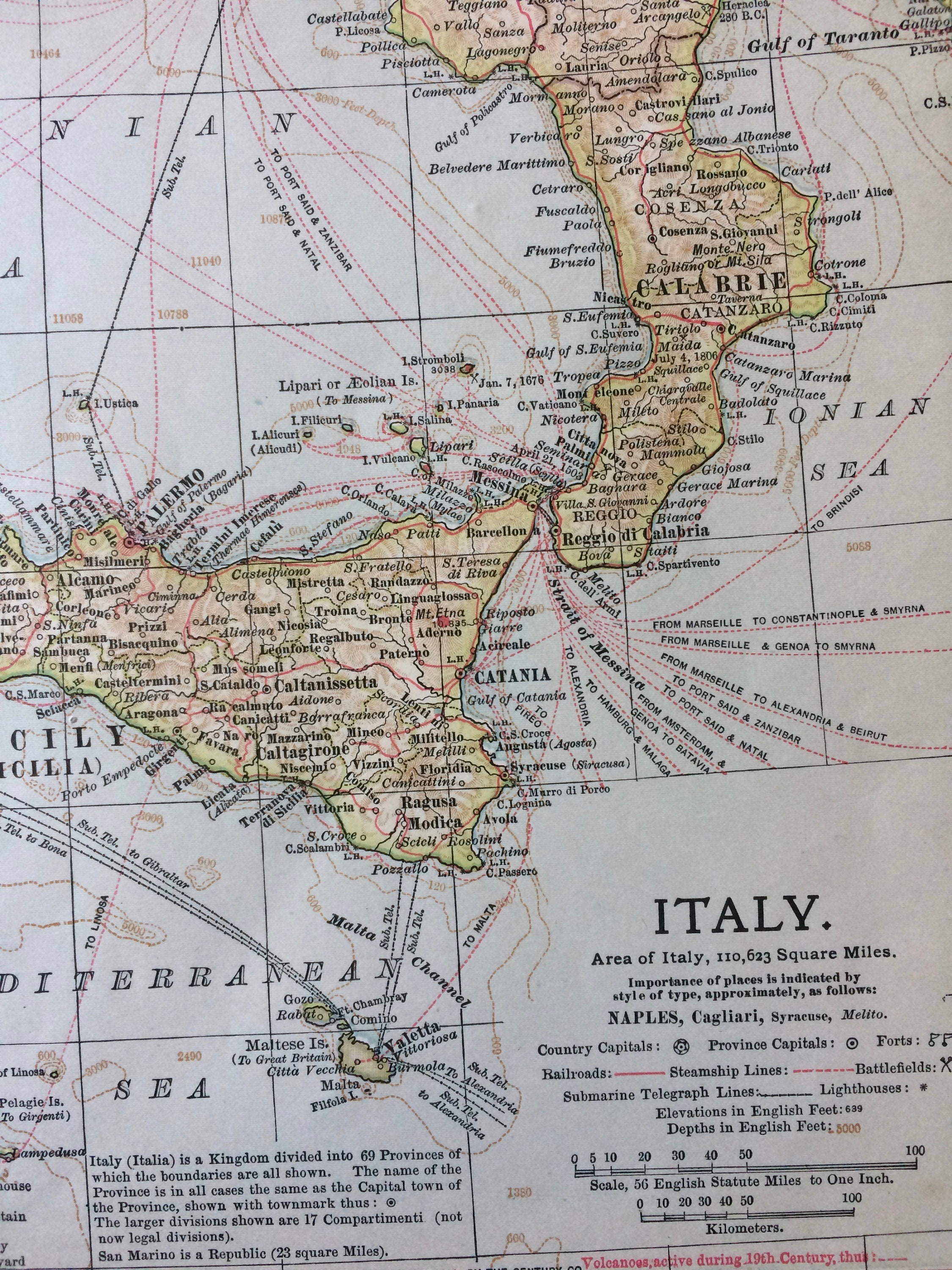 1903 Italy Original Large Antique Map with inset maps of Rome and ...