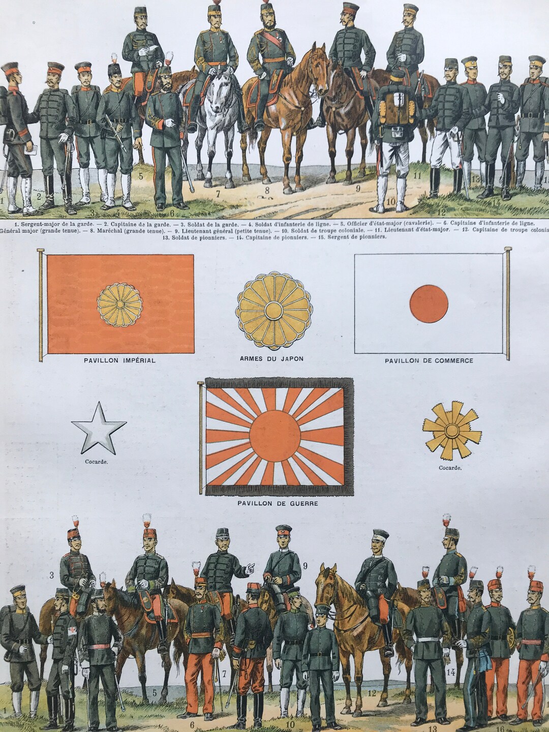1897 Japan - Army and Flags Original Antique Print - Military Decor ...