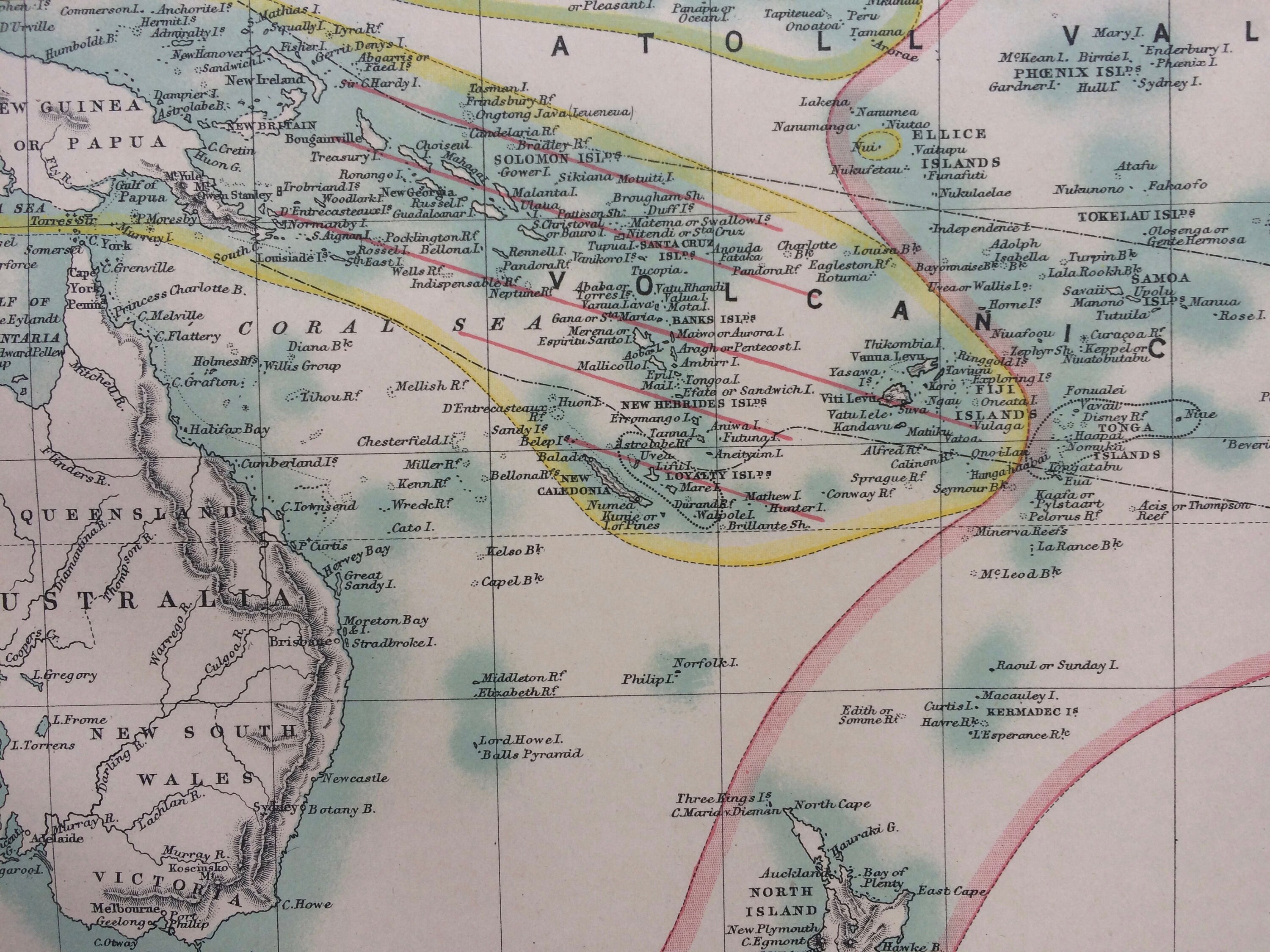 1875 POLYNESIA large original antique map with tree of Sawaiori ...