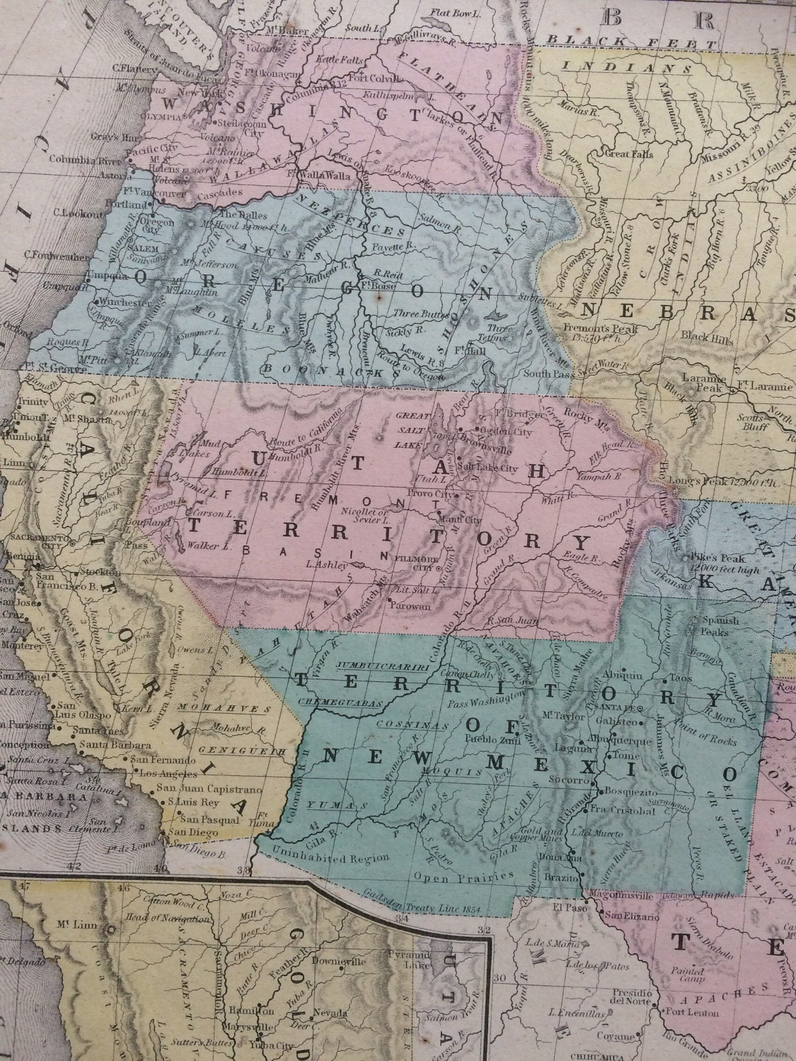 1855 UNITED STATES Original Antique hand coloured Map with inset map of ...