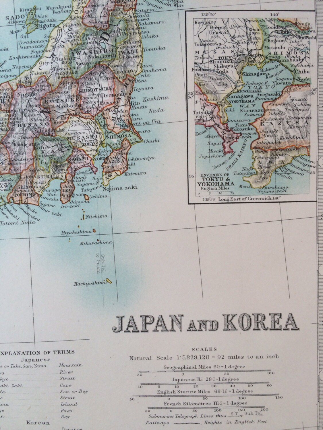 1907 JAPAN and KOREA original antique map, cartography, historical map ...
