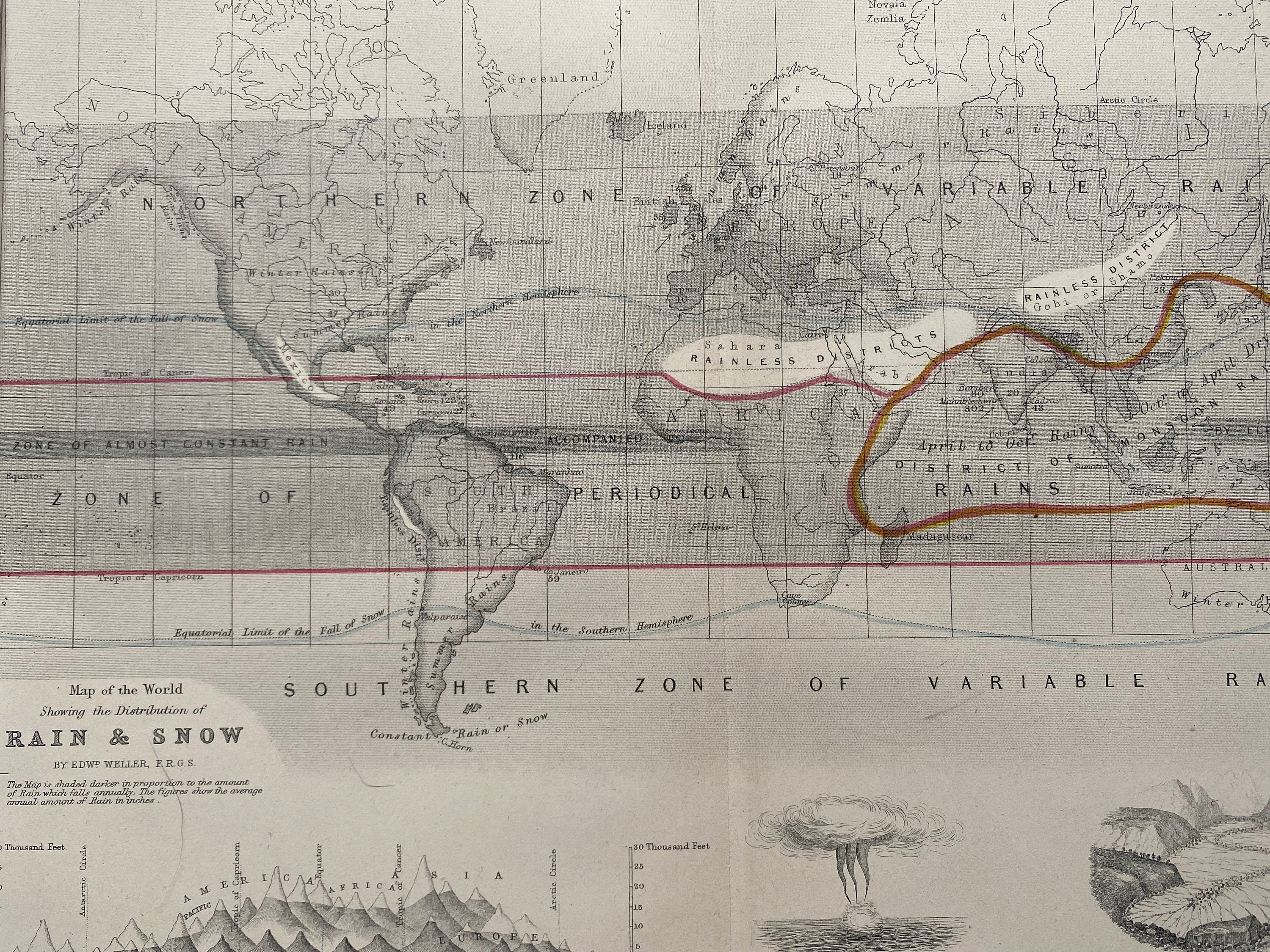 1871 Original Antique World Map showing the distribution of Rain and ...