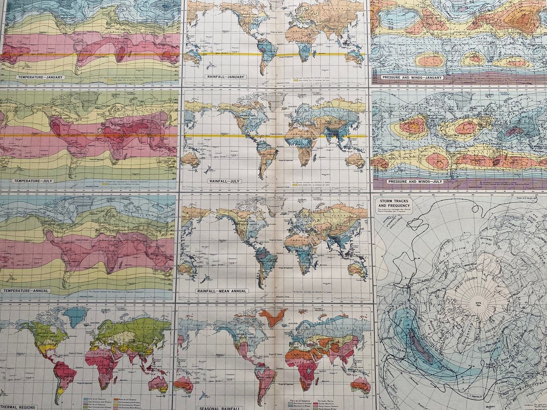 1922 Climate - Meteorology Large Original Antique Times Atlas Political ...
