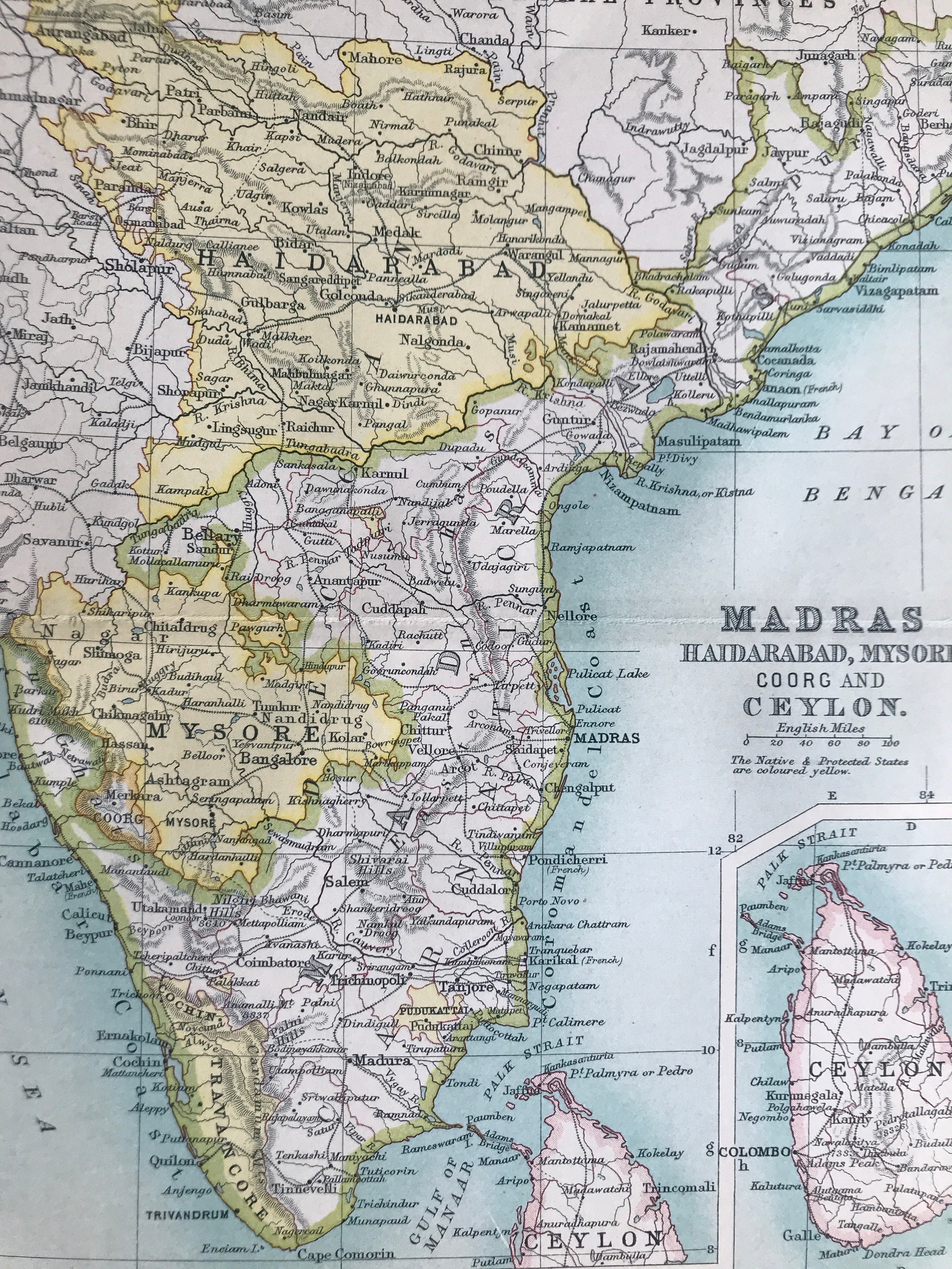 1912 Madras, Haidarabad, Mysore, Coorg and Ceylon Original Antique Map ...
