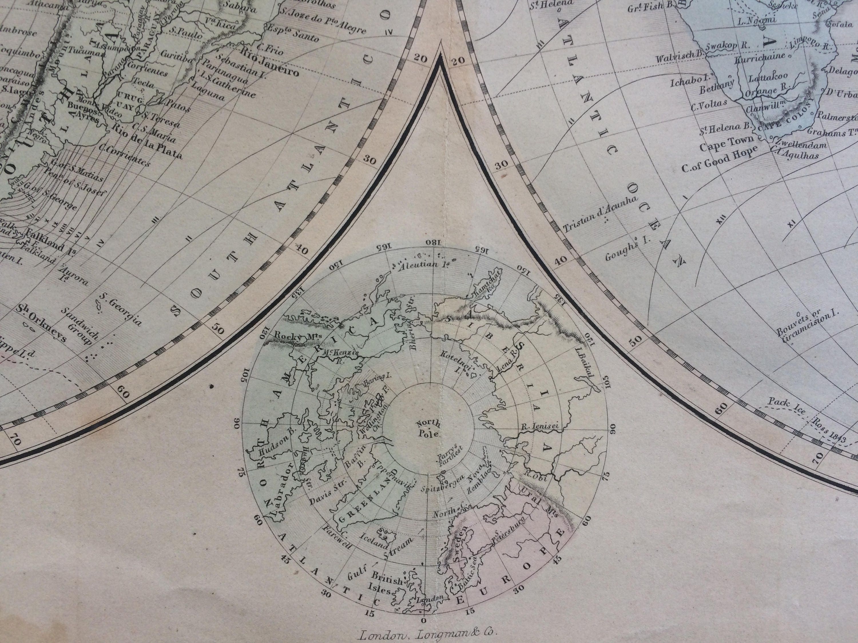 1870 Original Antique World Map showing Western and Eastern Hemispheres ...