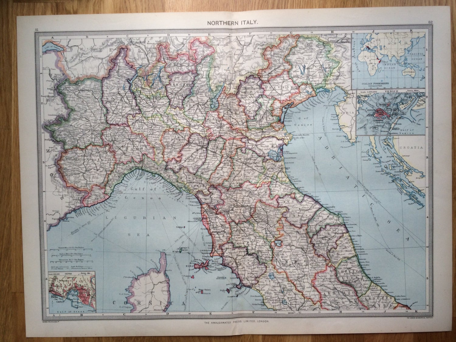 1903 Northern Italy Large Original Antique Map with inset maps of ...