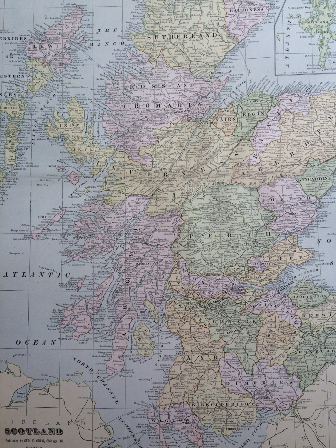 1901 SCOTLAND Large Original Antique Map, 22.5 x 14.5 inches, Home ...