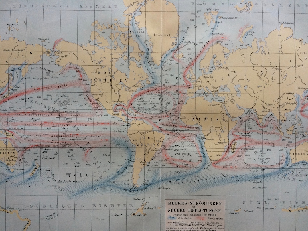 1897 Ocean Currents Original Antique World Map - Available Framed ...