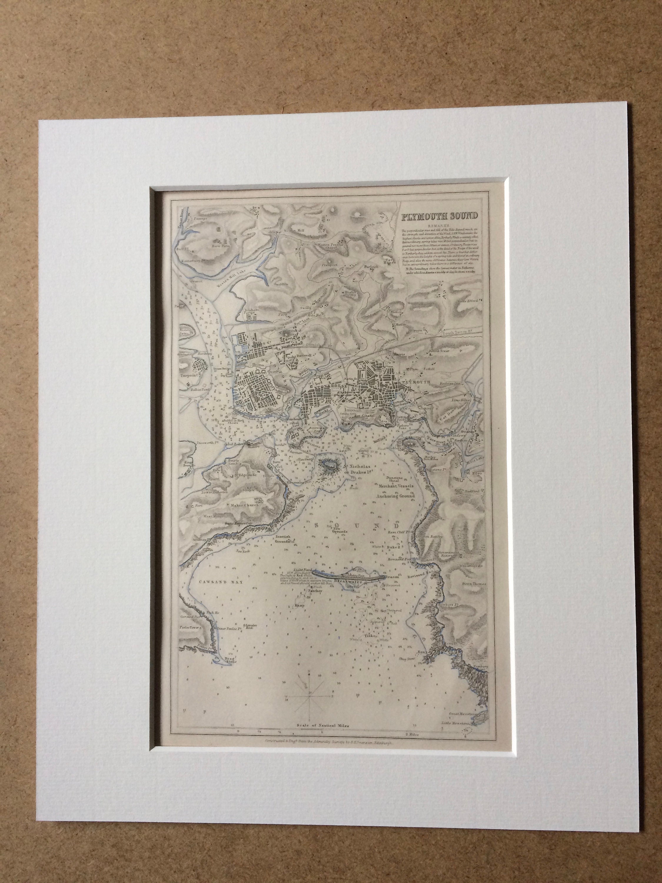 1871 Plymouth Sound Original Antique Map - Available Mounted and Matted ...