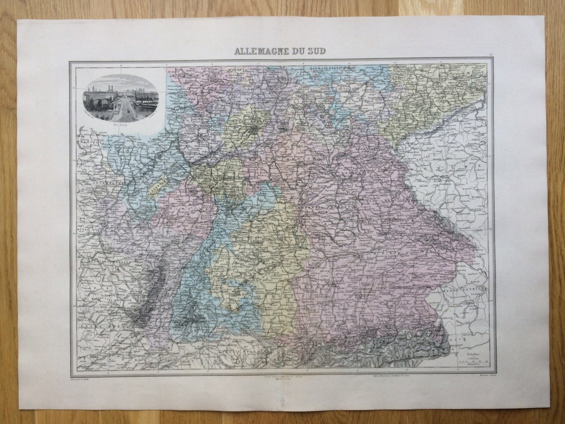 1892 SOUTH GERMANY Original Antique Map Nouvel Atlas - Etsy UK
