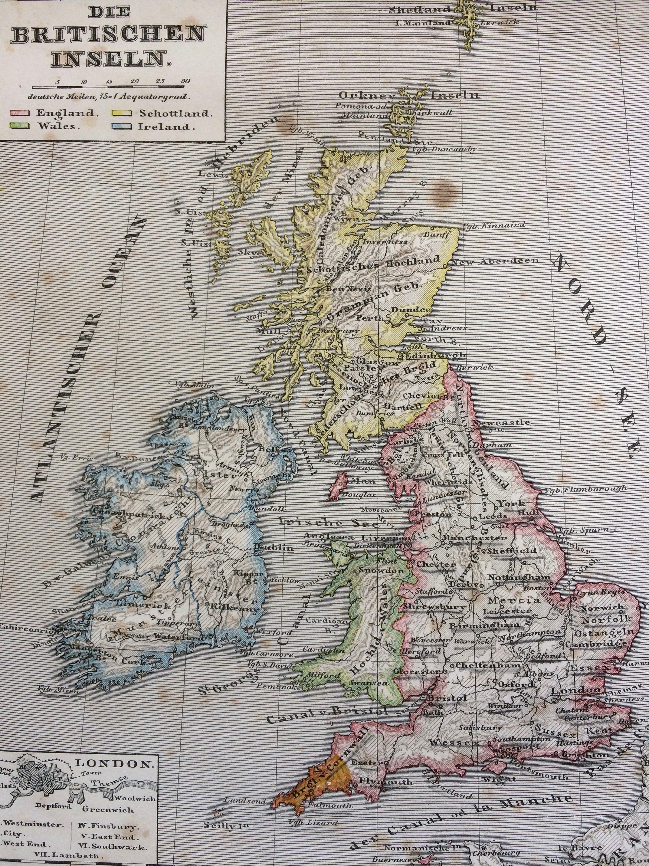 1861 BRITISH ISLES original antique hand coloured map with inset map of ...