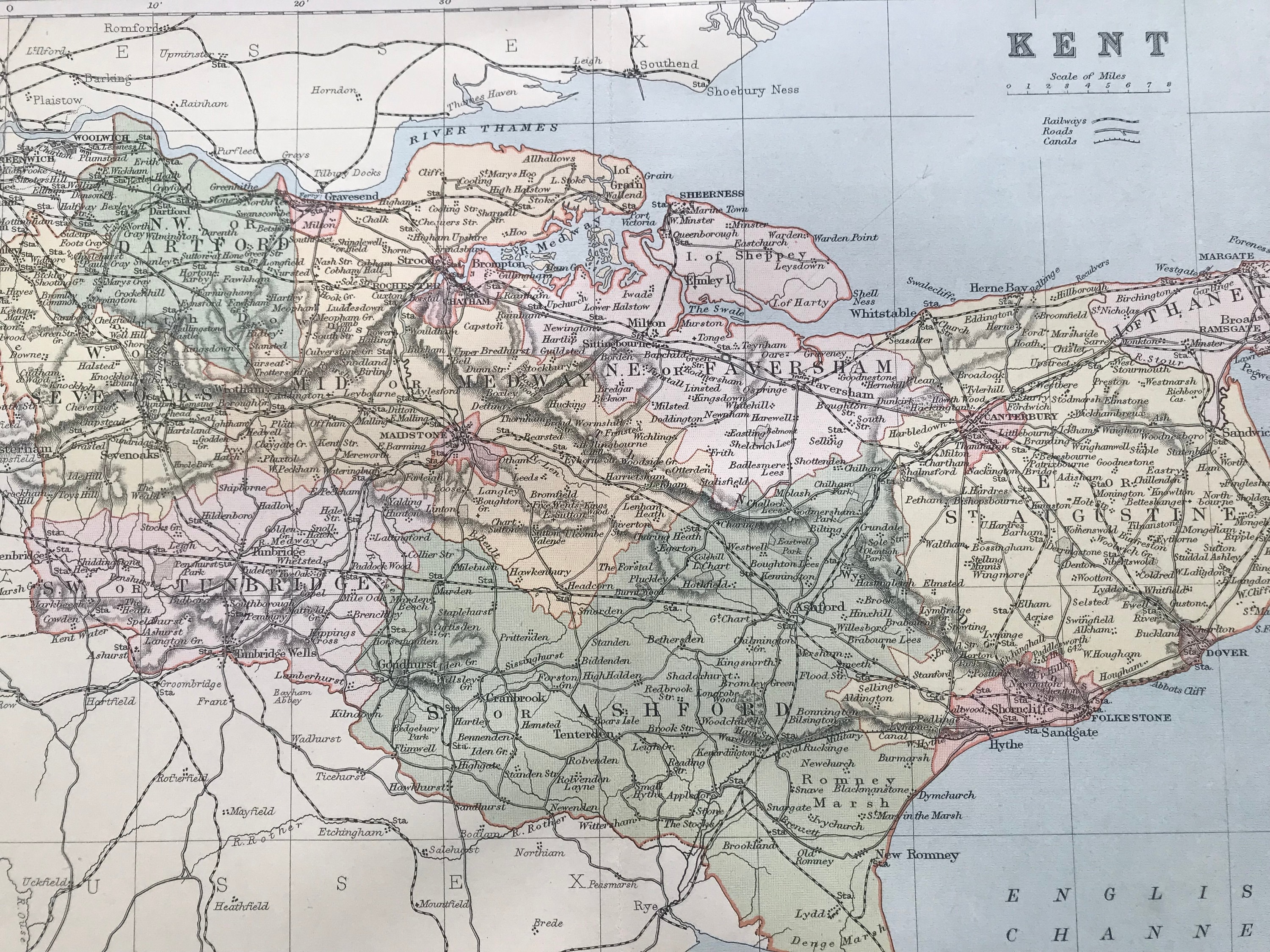 1895 Kent Original Antique Map showing Railways, Roads and Canals ...