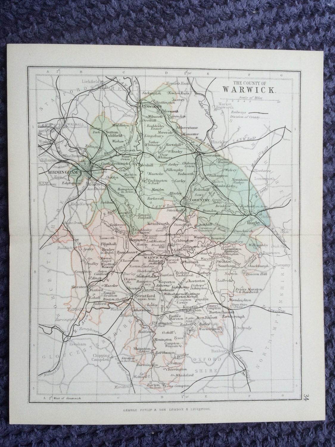 1882 WARWICK original antique map, english county, cartography ...