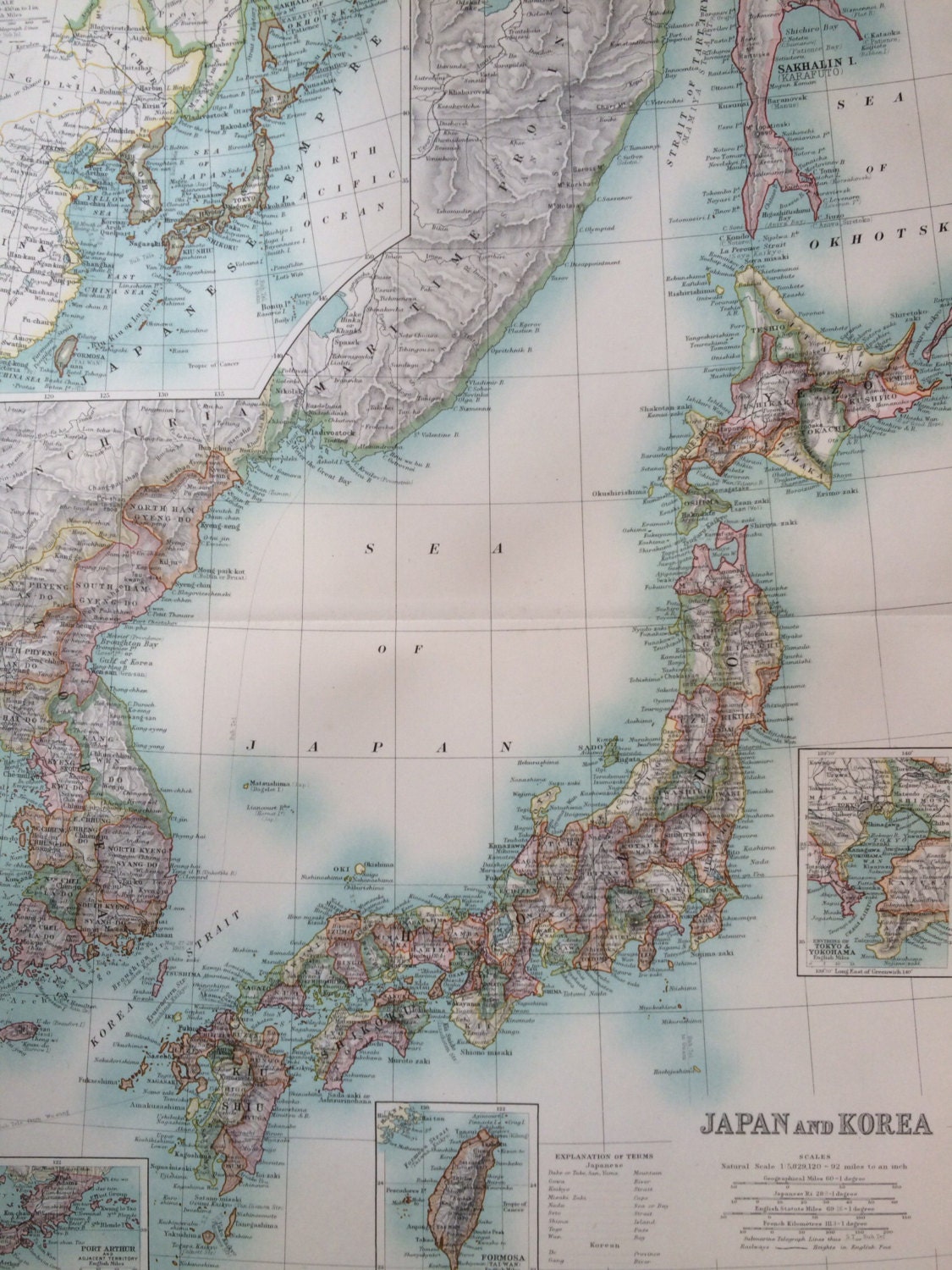 1907 JAPAN and KOREA original antique map, cartography, historical map ...