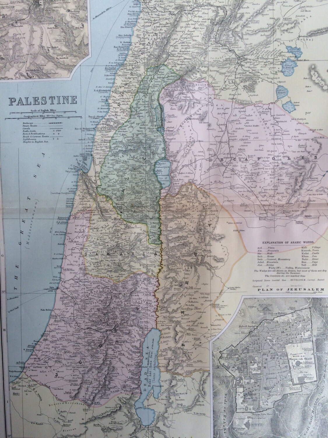 1898 PALESTINE large original antique map, 21.5 x 13.5 inches ...