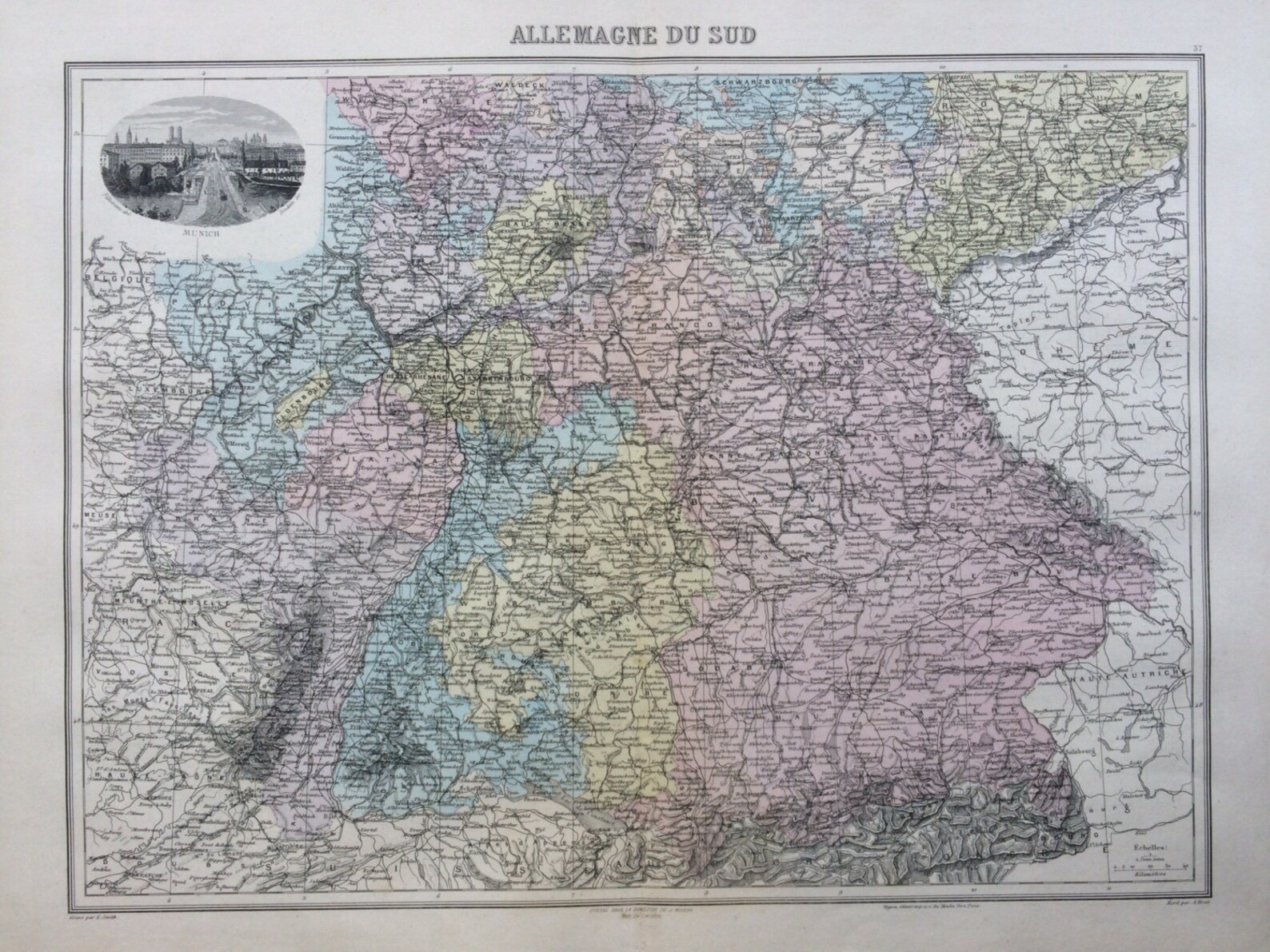 1892 SOUTH GERMANY Original Antique Map Nouvel Atlas - Etsy UK