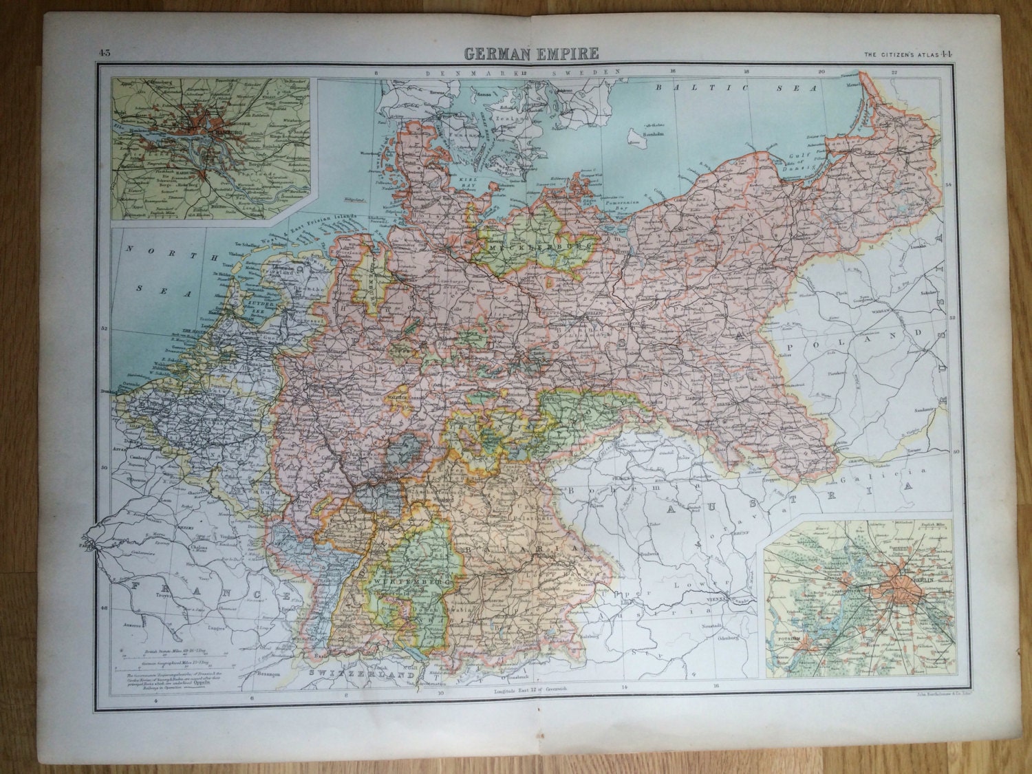 1898 GERMAN EMPIRE Large Original Antique Map, 14 x 18.5 inches ...