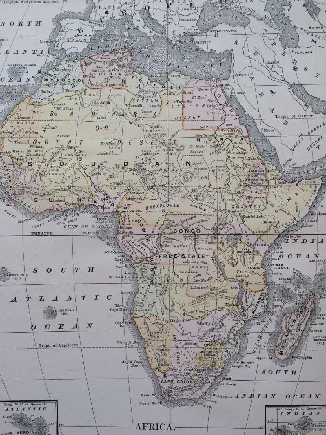 1891 AFRICA Original Antique Map, 8.5 x 11.5 inches, Rand McNally, Home ...