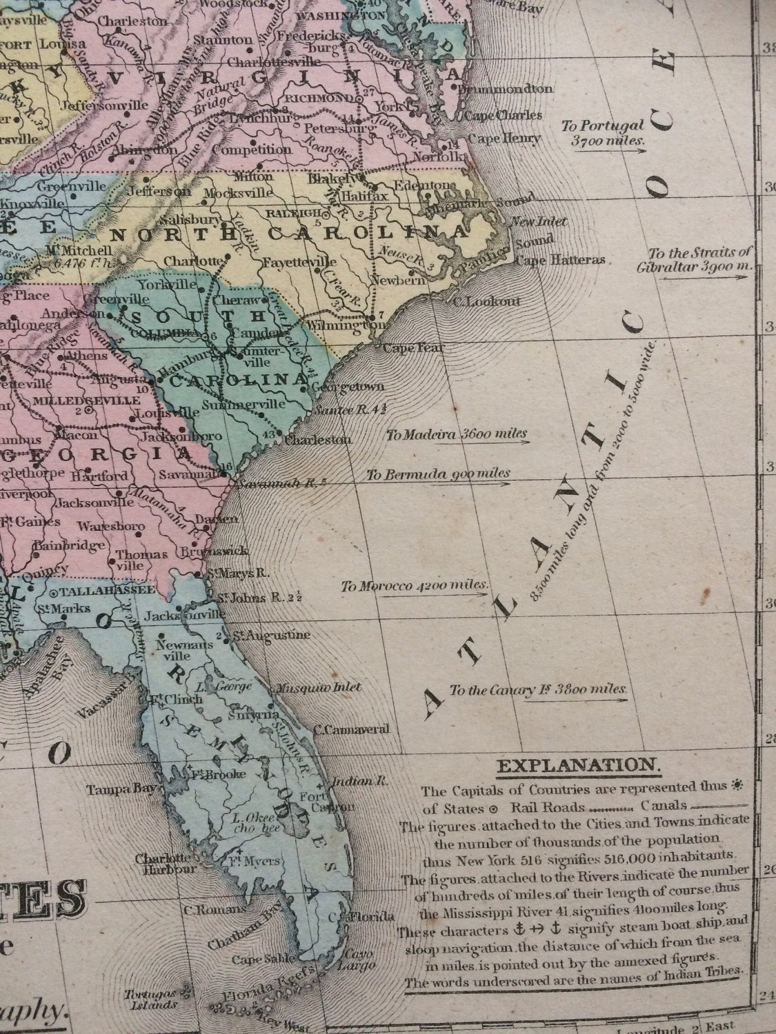 1855 UNITED STATES Original Antique hand coloured Map with inset map of ...