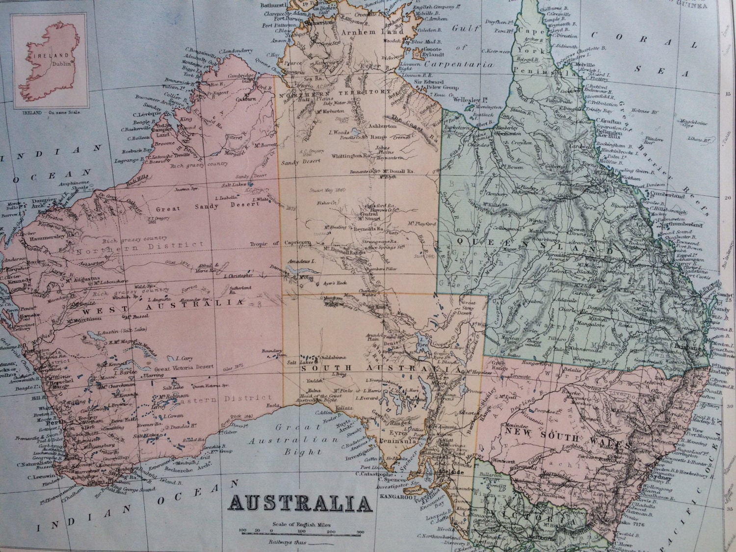 1890 AUSTRALIA Original Antique Map, 11 x 14 inches, Johnston Atlas ...