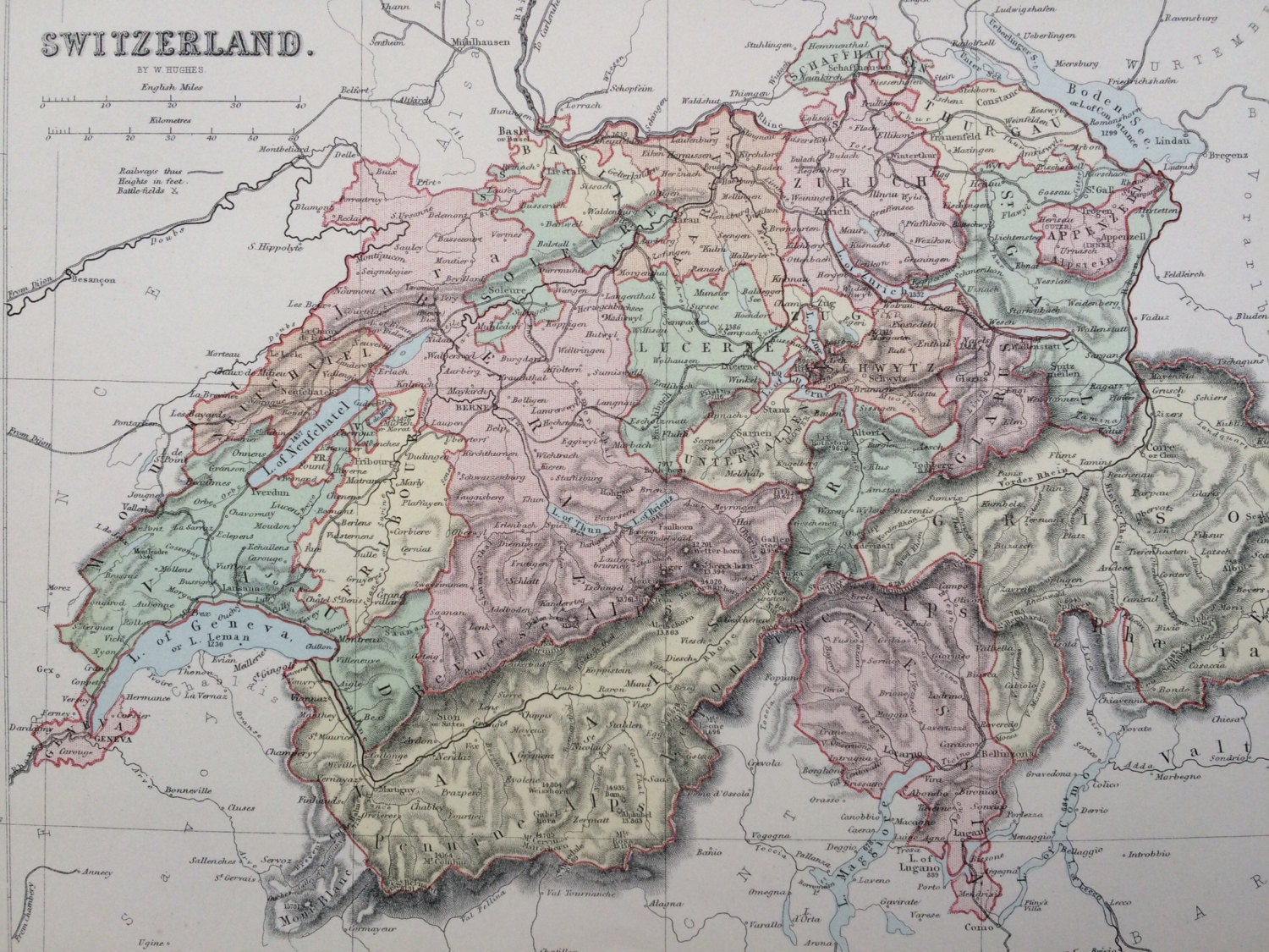 1873 SWITZERLAND Original Antique Map, 10.5 x 13.5 inches, historical ...