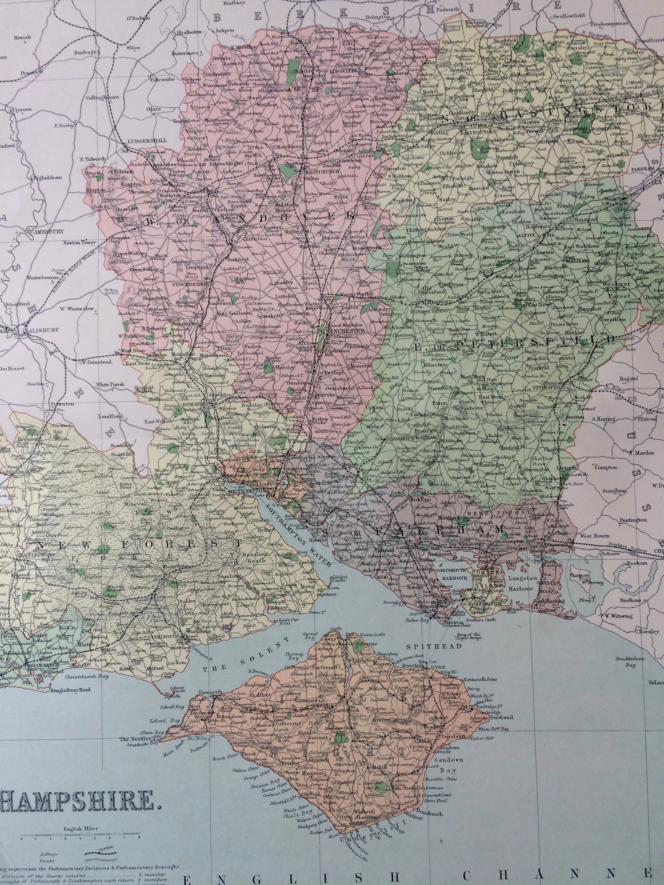 1868 Hampshire Large Original Antique Map showing railways, roads ...