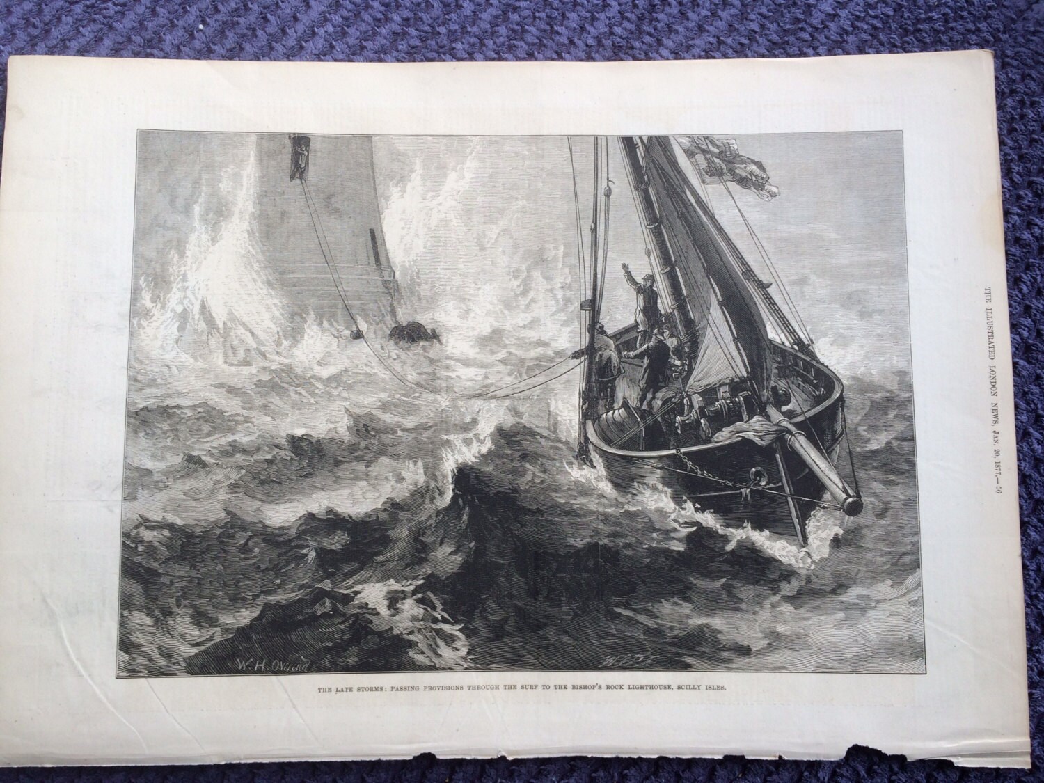 1877 Storms at Bishop's Rock Lighthouse, Scilly Isles antique print ...