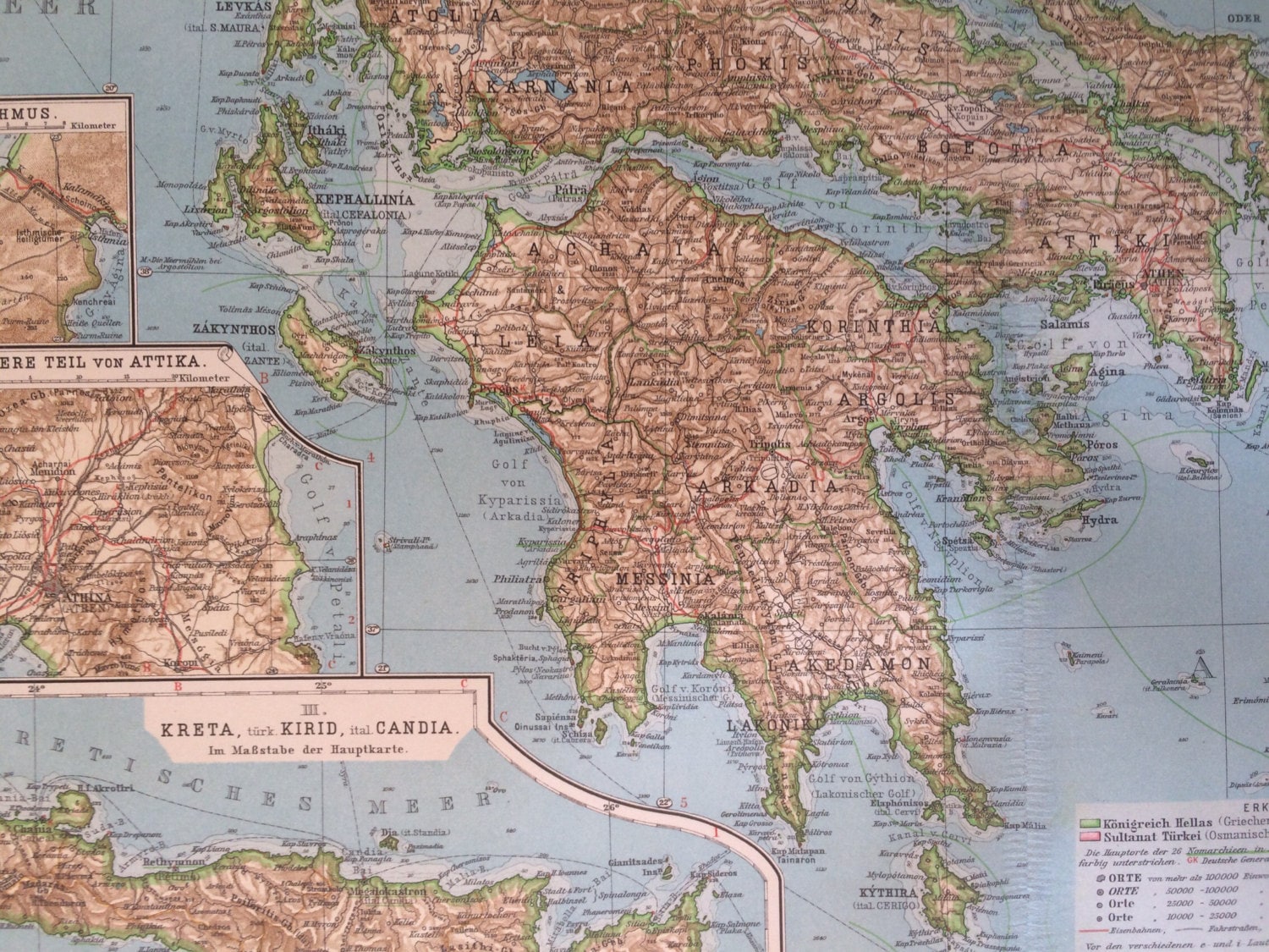 1914 GREECE Large Original Antique Map, 17 x 22 inches, historical wall ...