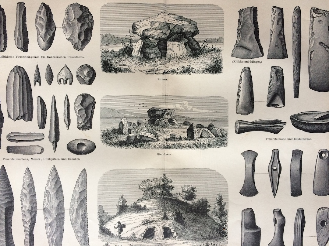 1897 Stone Age Culture Original Antique Print Available Framed Weapons ...