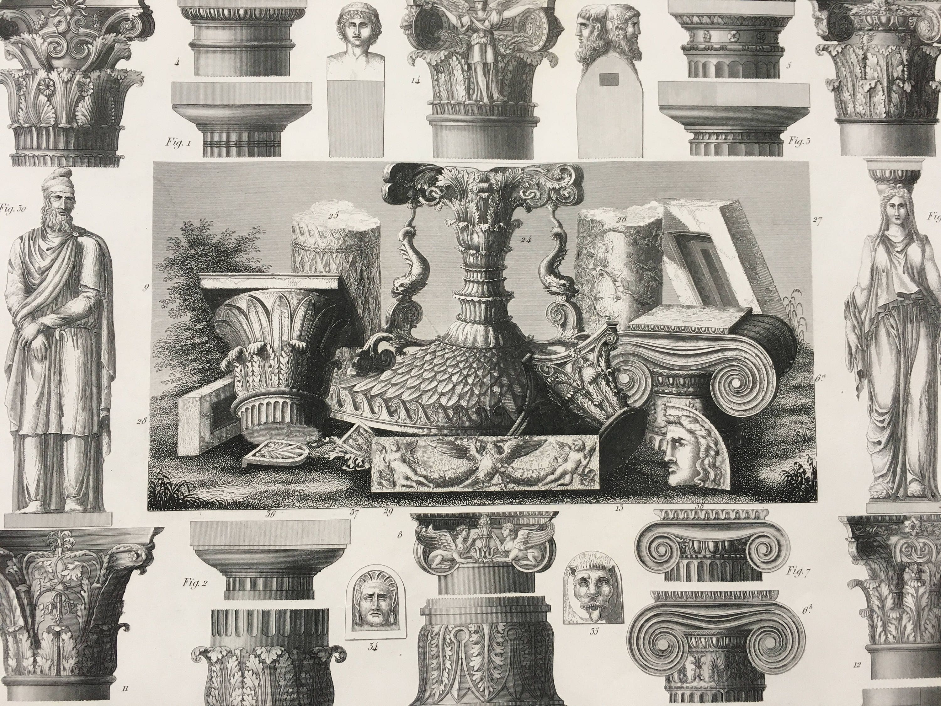 1849 Greco-Roman Column Architecture Large Original Antique Engraving ...