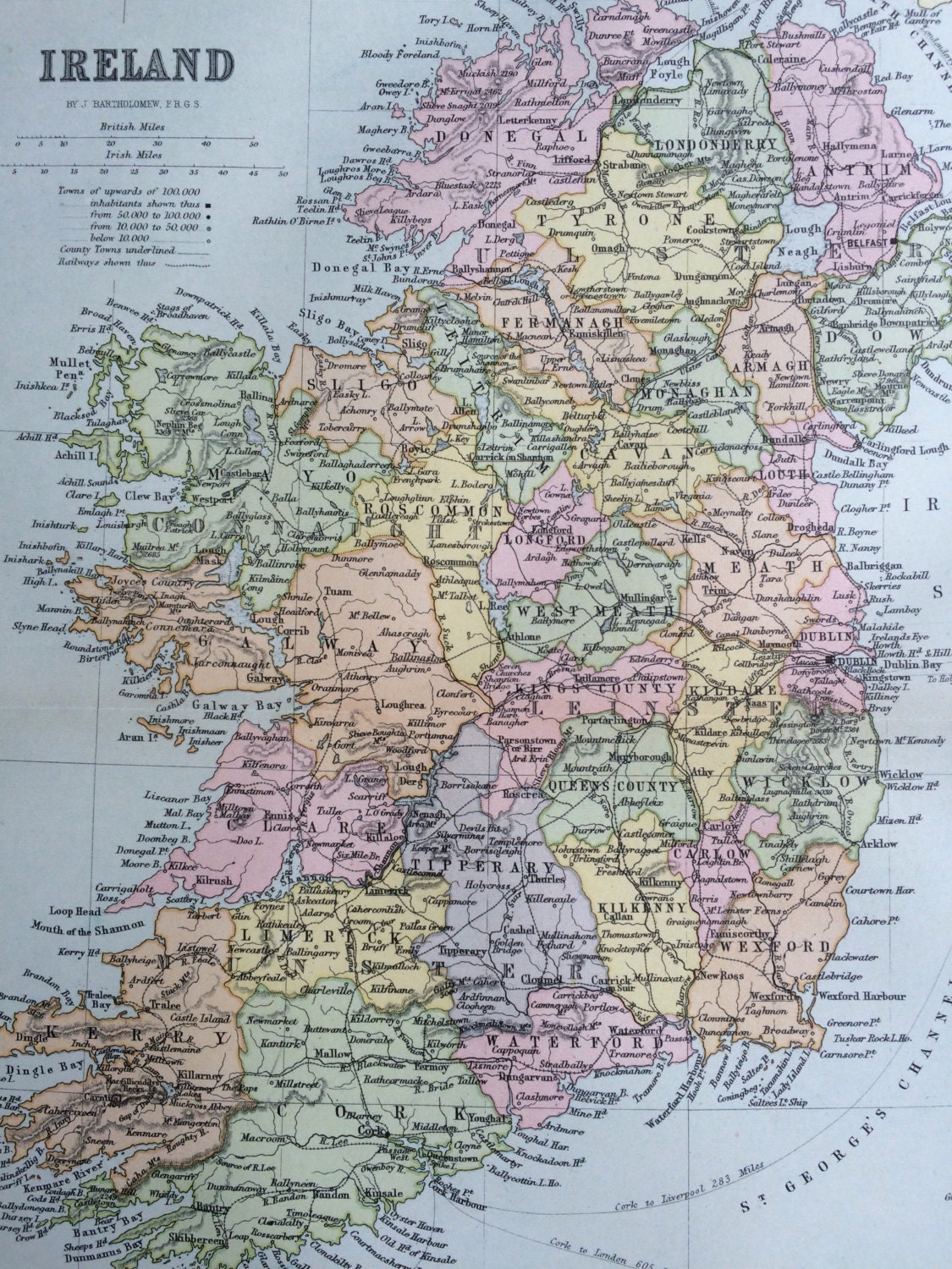 1890 IRELAND Original Antique Map, 10.5 x 12.5 inches, historical wall ...