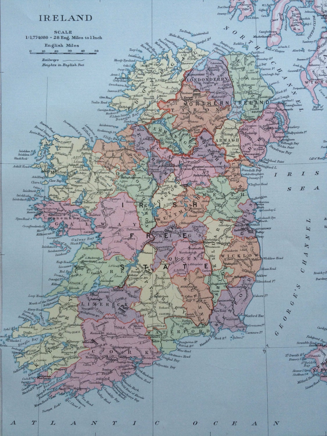 1920 IRELAND Original Vintage Map, 12 x 14.5 inches, historical wall ...