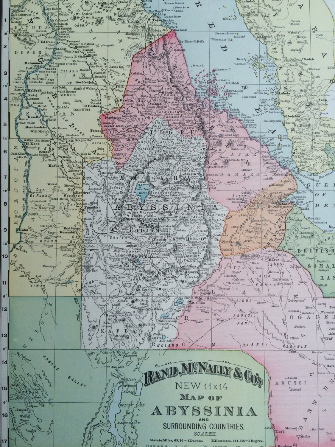 1898 ABYSSINIA ETHIOPIA Original Antique Map, 11 x 14 inches, Rand ...