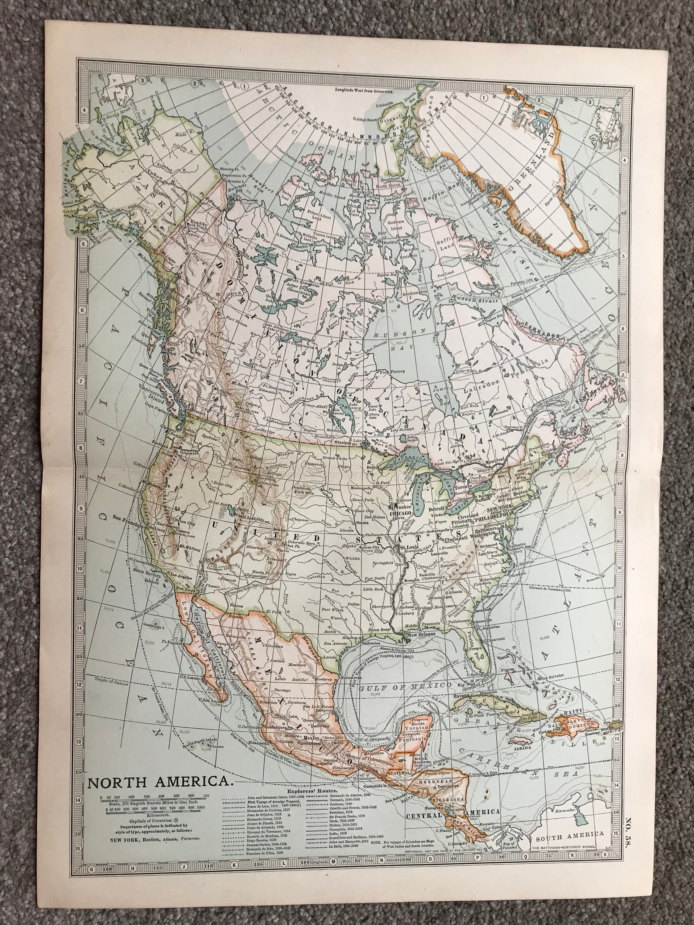 1903 North America Original Large Antique Map showing different ...