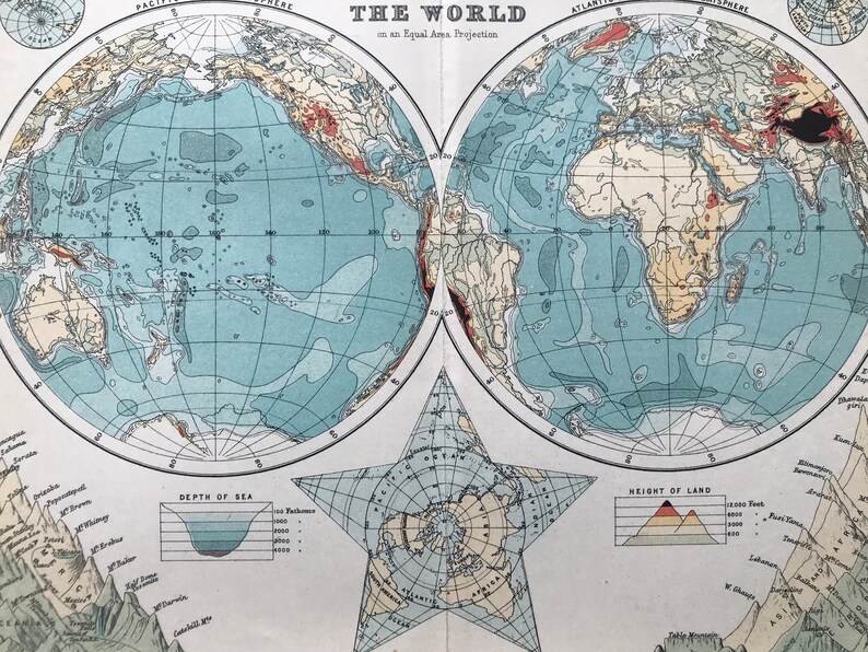 1912 Bathy-orographical Map of the World Original Antique Map - Etsy