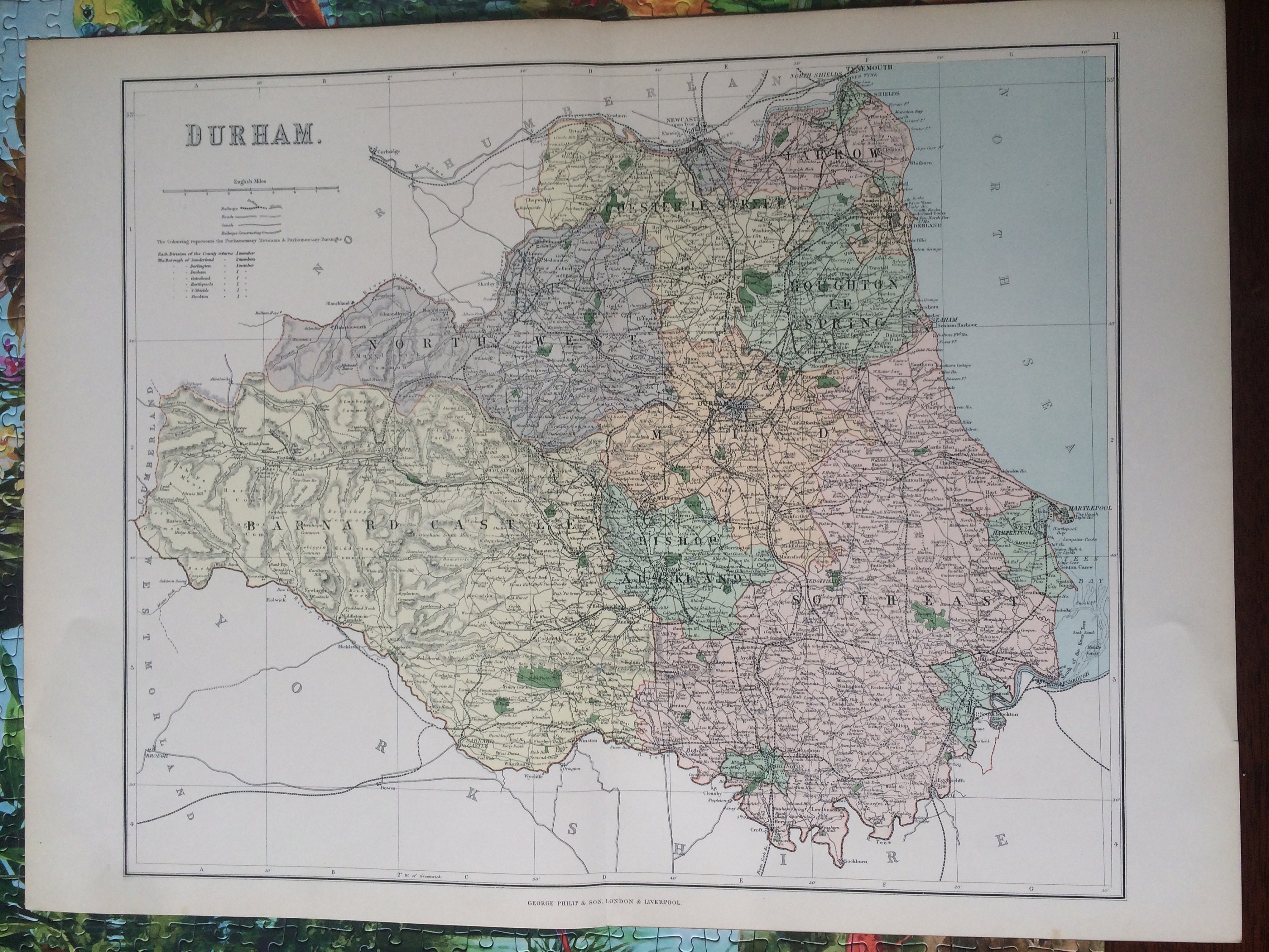 1868 Durham Large Original Antique Map showing railways, roads ...