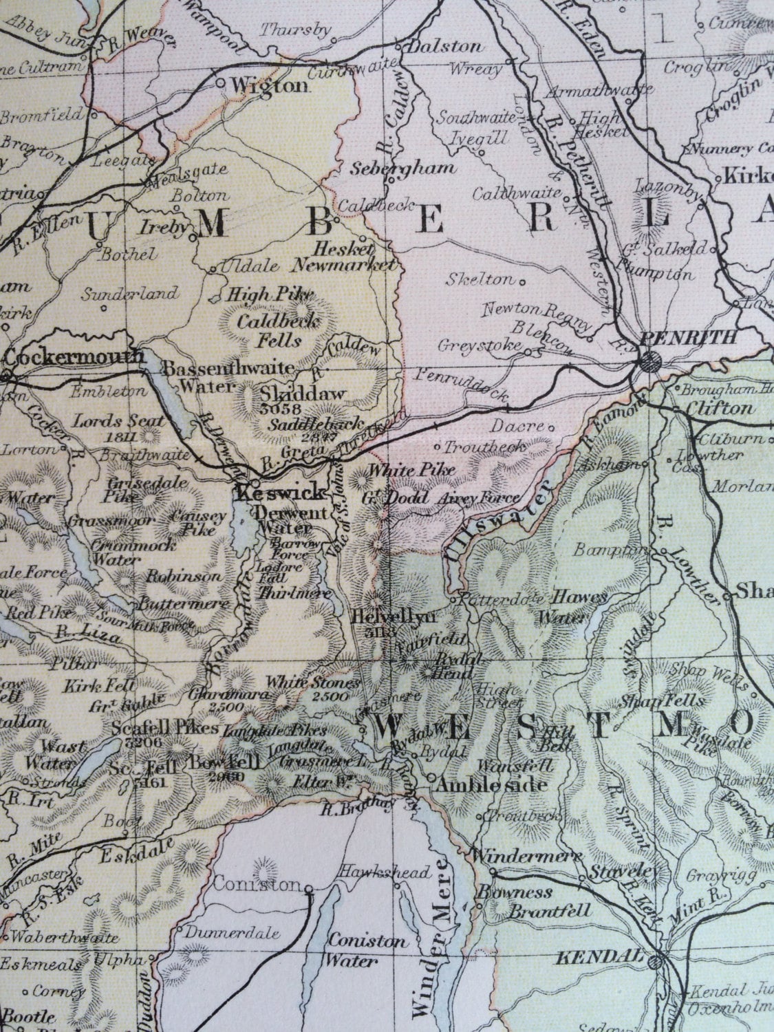 1882 Cumberland and Westmorland Original Antique Map - Mounted and ...
