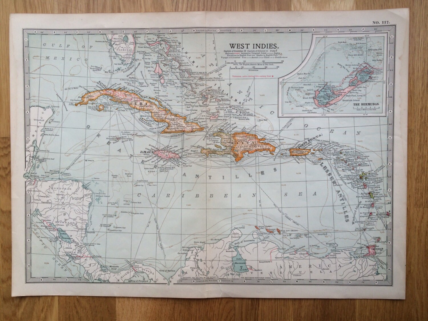 1903 West Indies Original Large Antique Map with inset map of the ...