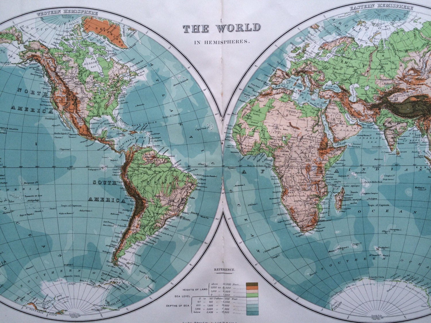 1920 The World in Hemispheres Original Vintage World Map, 24 x 14.5 ...