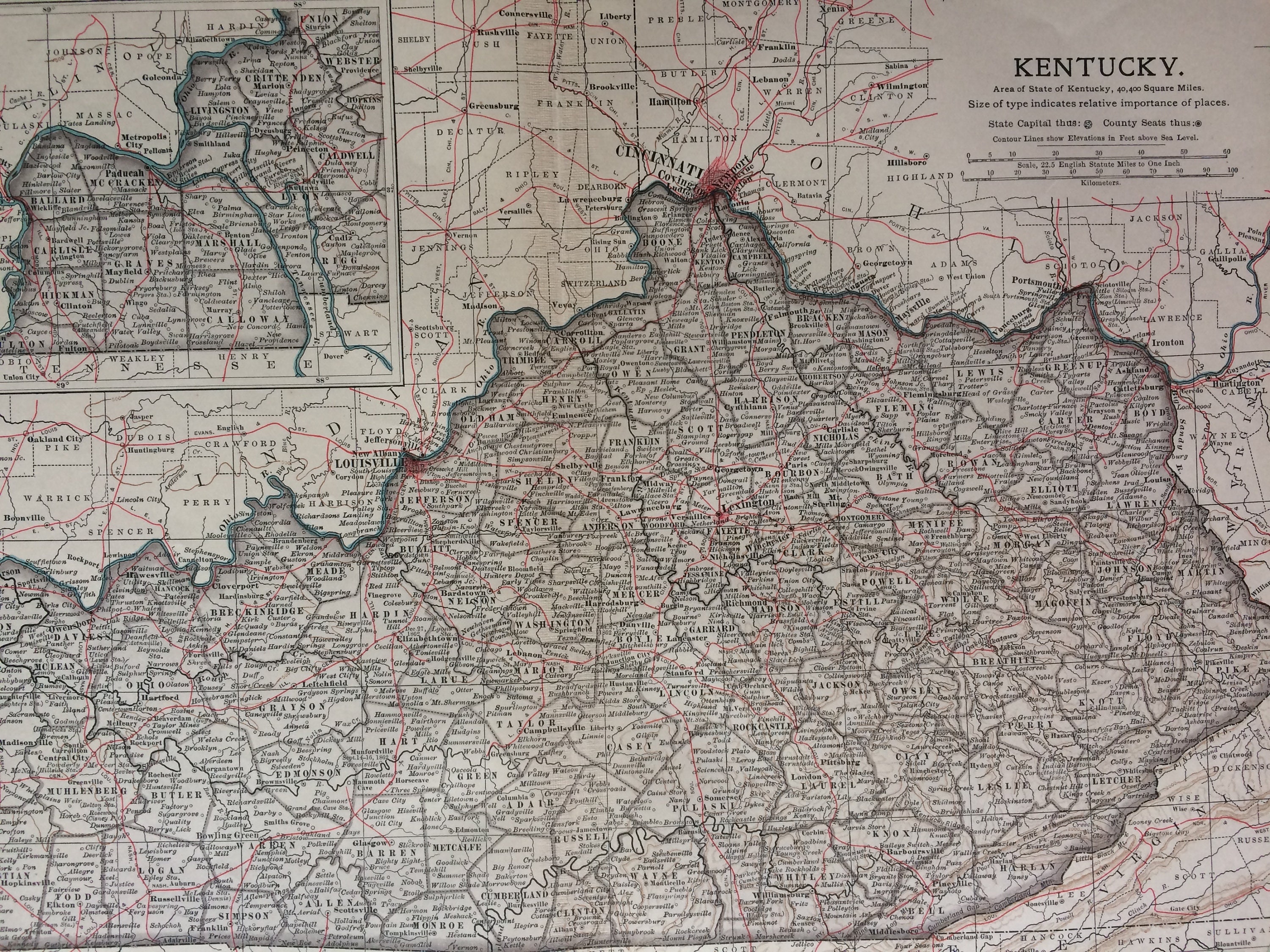 1903 Kentucky Original Large Antique Map - US State Map - KY - Wall Map ...