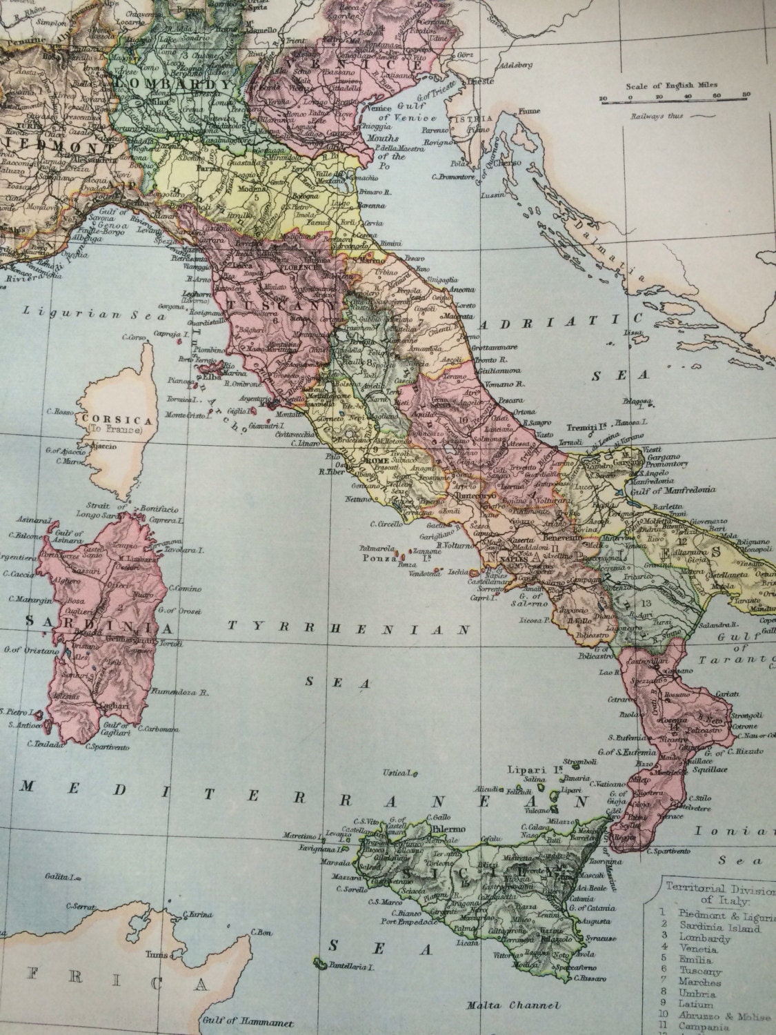 1875 ITALY original antique map, cartography, geography, wall decor ...