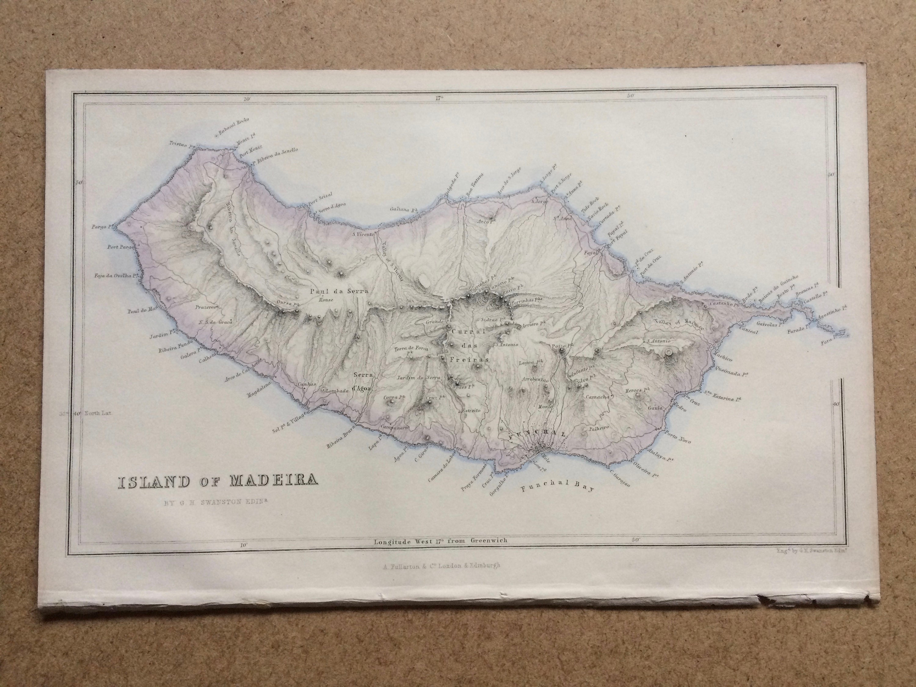 1871 Island of Madeira Original Antique Map - Fuchal - Portugal ...