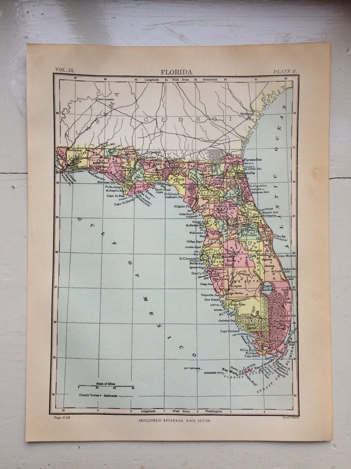 1875 FLORIDA original antique map, cartography, geography, wall decor ...
