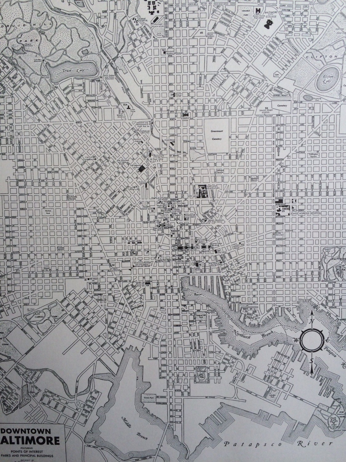 1937 DOWNTOWN BALTIMORE Original Vintage City Plan Map, 11 x 14 inches ...